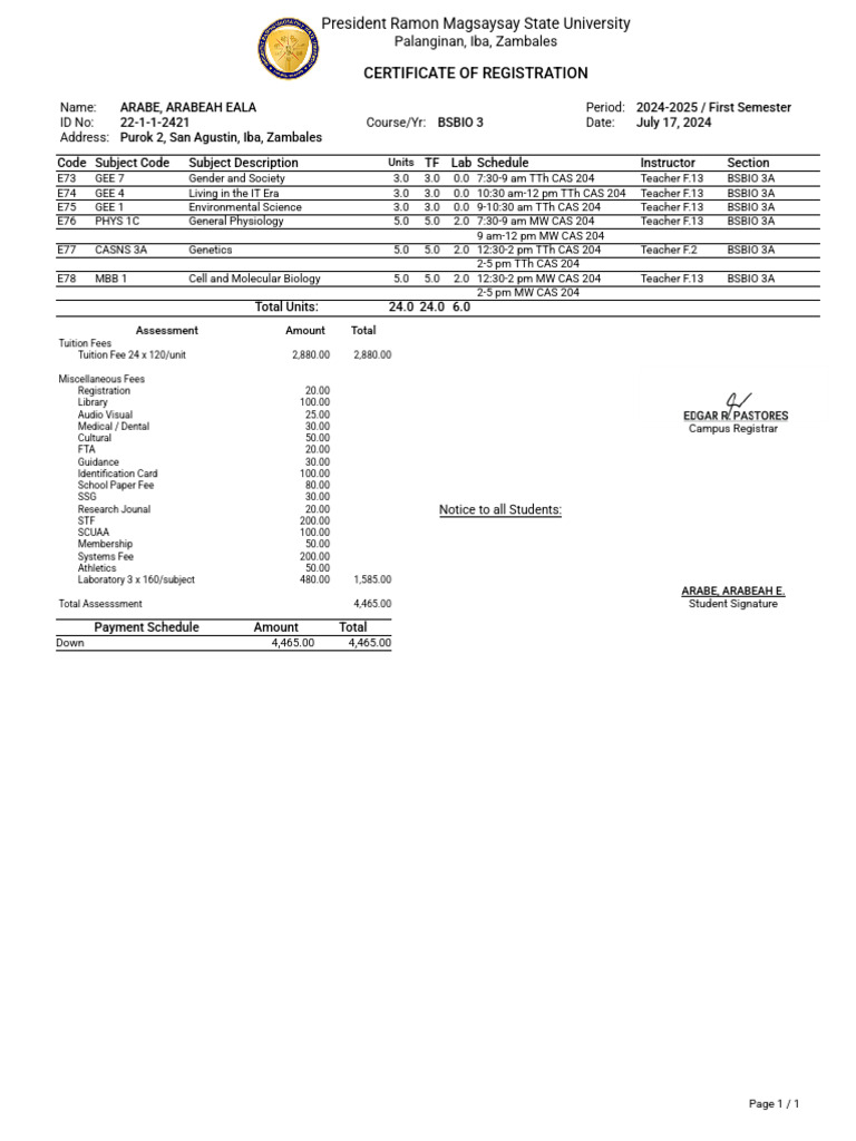 Certificate of Registration: Name: Period: ID No: Course/Yr: Date ...