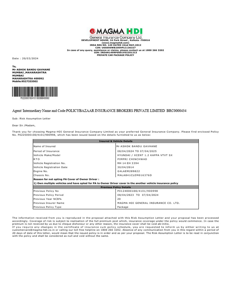 Agent/ Intermediary Name and Code:POLICYBAZAAR INSURANCE BROKERS ...