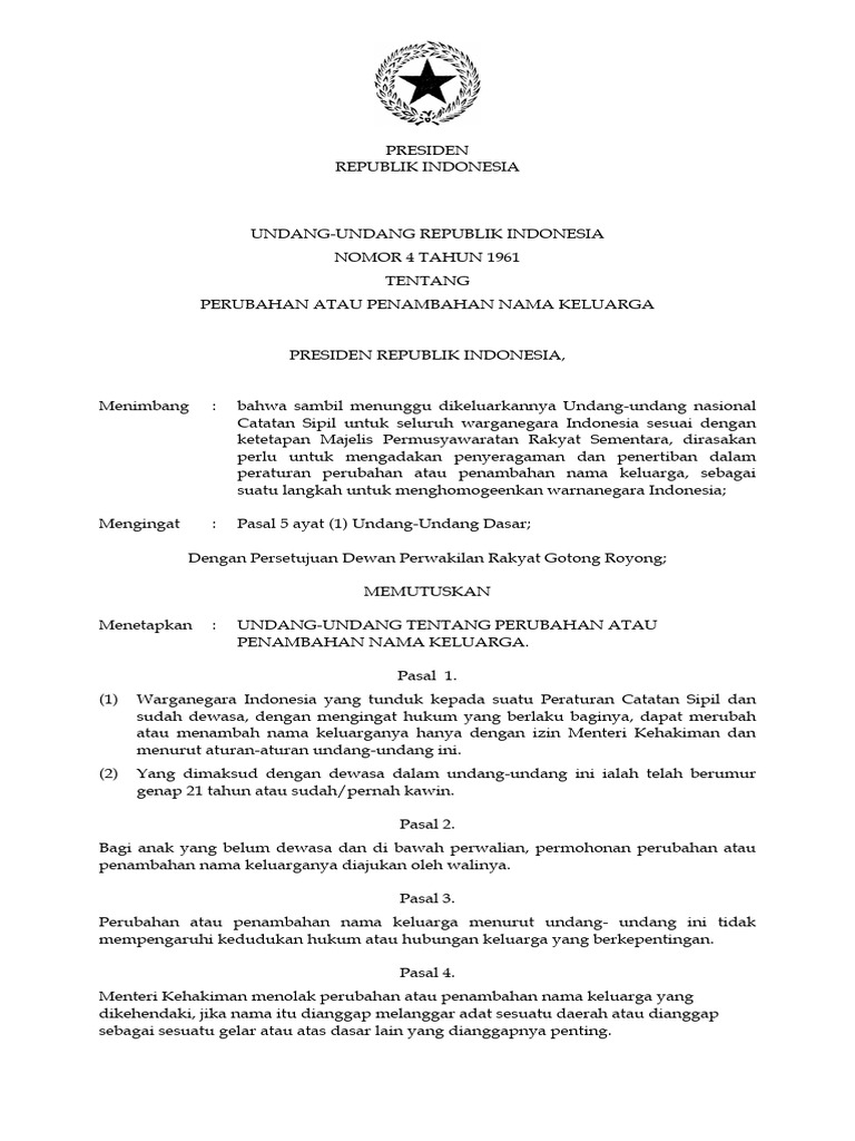 UU Nomor 4 Tahun 1961 TTG Perubahan Atau Penambahan Nama Keluarga | PDF