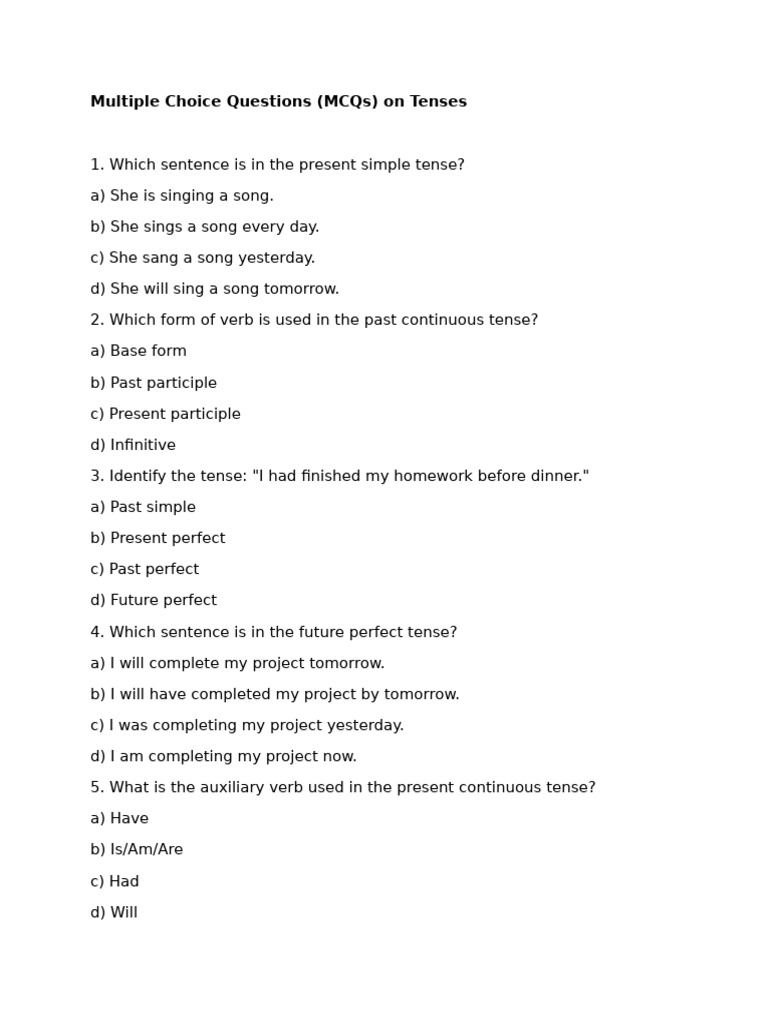 Mcqs on Tenses | PDF | Perfect (Grammar) | Grammatical Tense