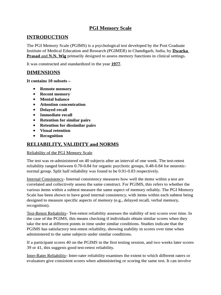 PGI Memory Scale | PDF | Validity (Statistics) | Memory