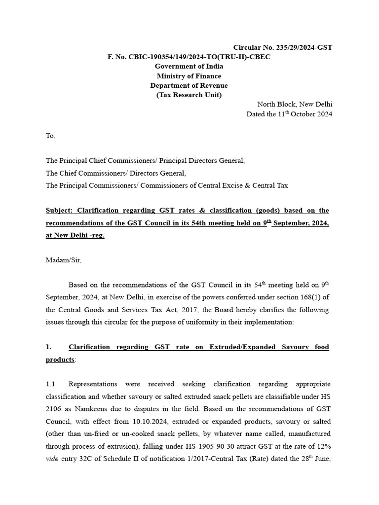 Clarification Regarding GST Rates & Classification (Goods) Based On The ...