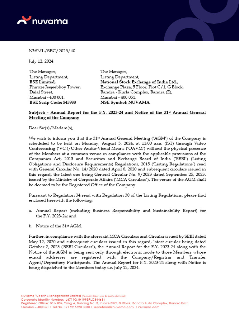 Nuvama AGM & Annual Report 2023-24 | PDF | Wealth | Investing