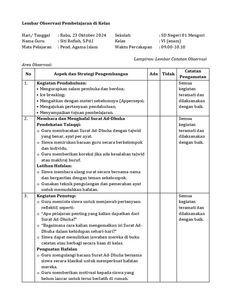 2 - Lembar Observasi Pembelajaran Di Kelas | PDF