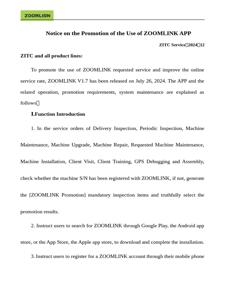 Notice on the Promotion of the Use of ZOOMLINK APP关于ZOOMLINK海外客户APP使用推广的通知 | PDF | Mobile App ...