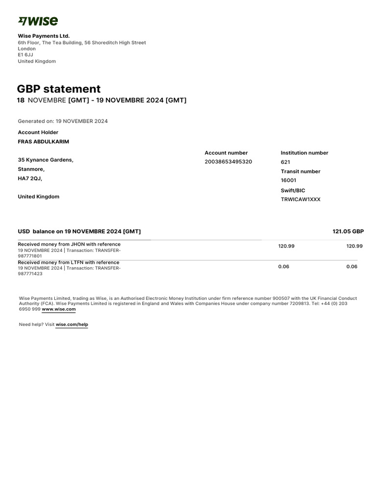 Wise Payments Transaction Summary | PDF