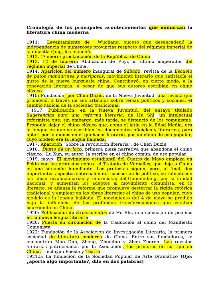 Cronología de Los Principales Acontecimientos Que Enmarcan La ...