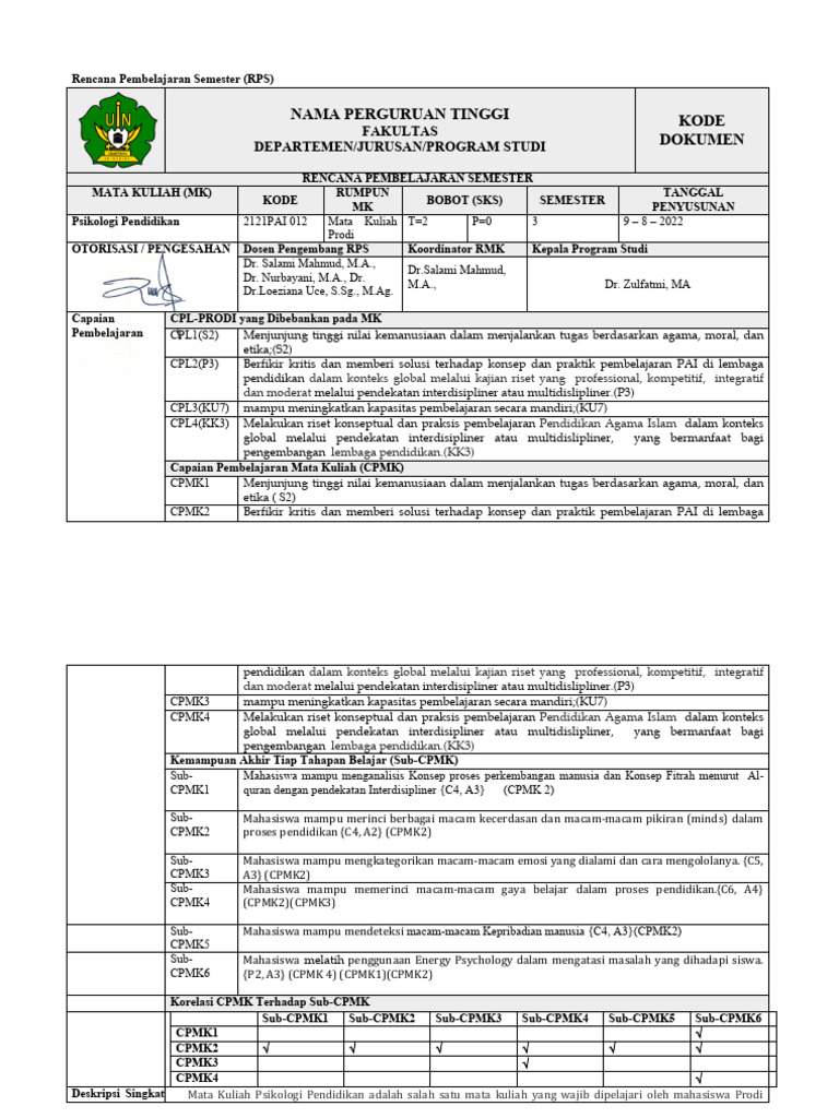 RPS Psikologi Pendidikan PAI S2 | PDF | Karier & Perkembangan