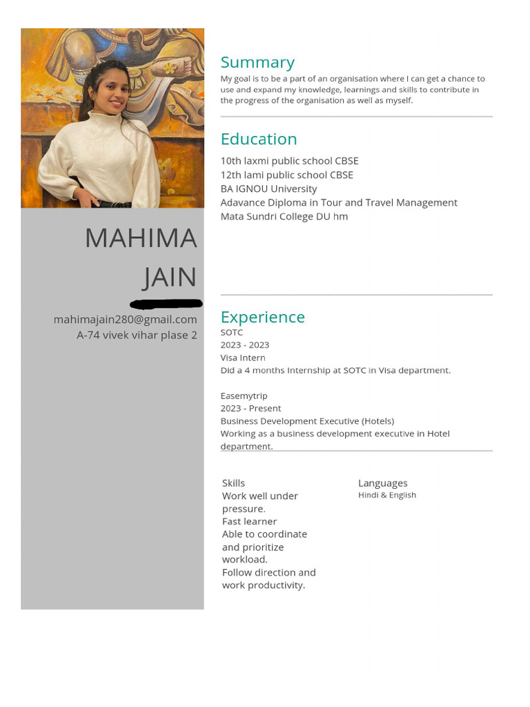 Resume of Mahima Jain | PDF