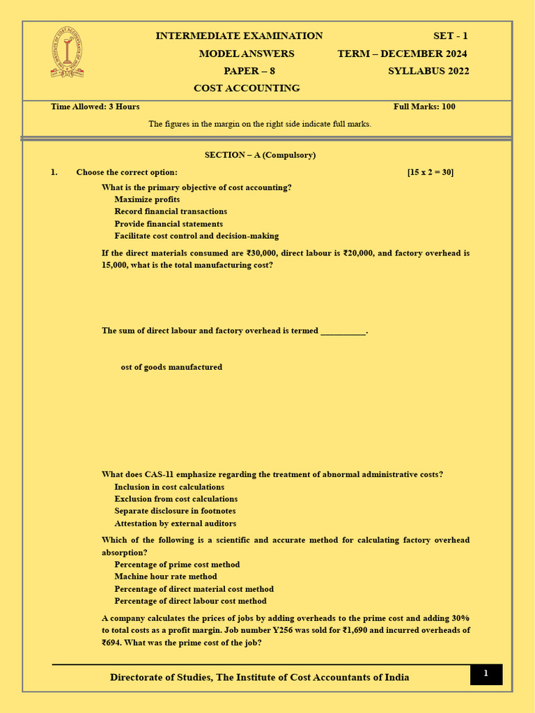A MQP Paper8 Set1 Dec24 | PDF | Cost Of Goods Sold | Cost