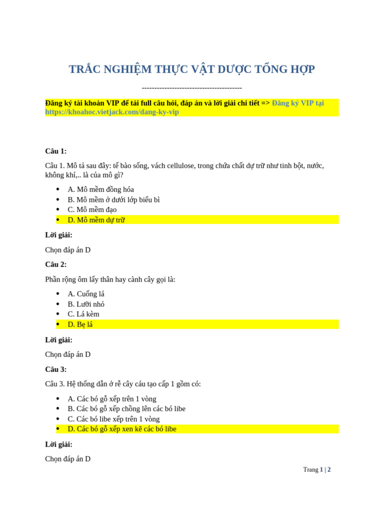 Trac Nghiem Thuc Vat Duoc Tong Hop 2024-11-24 2 | PDF