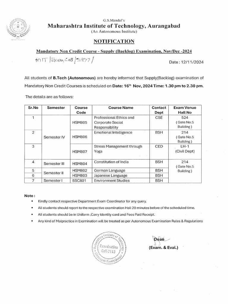 MNCC Exam Notice 2024 | PDF