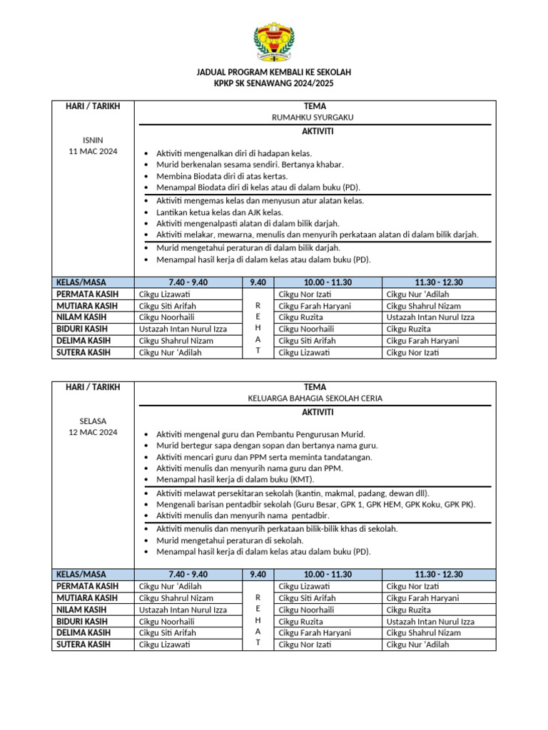 Jadual Program Kembali Ke Sekolah | PDF