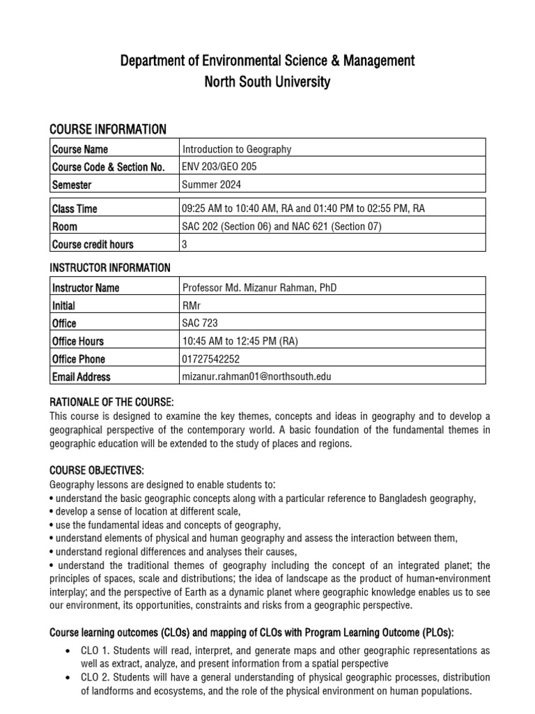 ENV 203/GEO 205 Course Outline 2024 | PDF | Geography | Earth Sciences