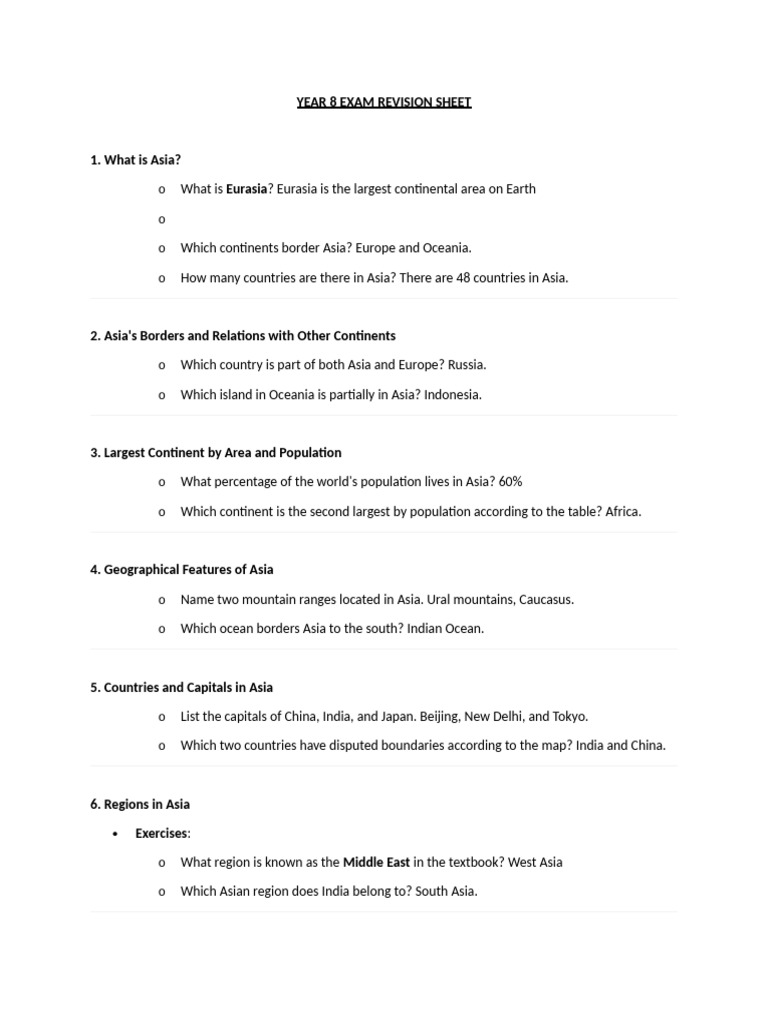 Year 8 Geography Exam Revision Sheet | PDF | Asia | Continent
