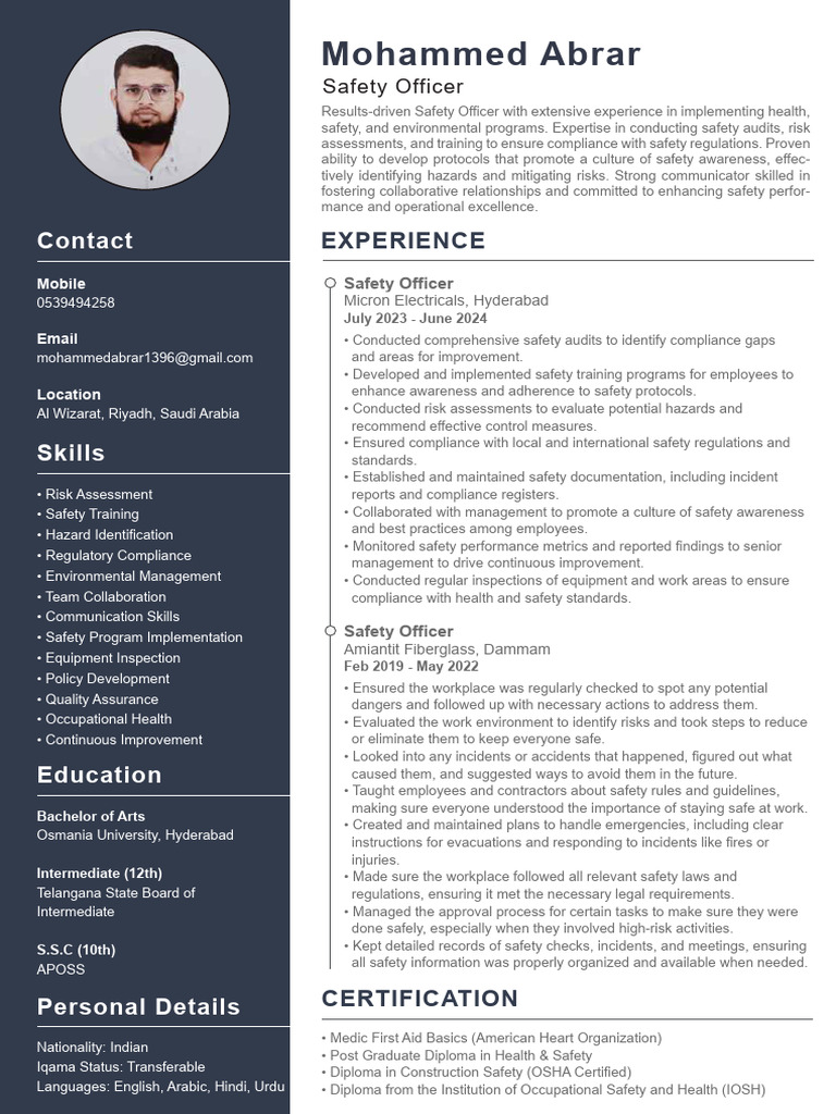 Mohammed Abrar | PDF | Occupational Safety And Health | Safety