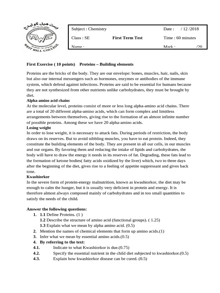 First Term Test 2018 WHC | PDF | Proteins | Vitamin