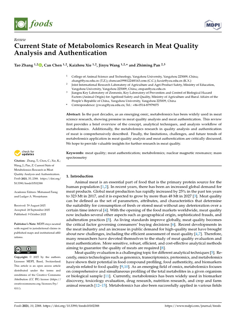 Current State of Metabolomics Research in Meat Quality Analysis and Authentication | PDF ...