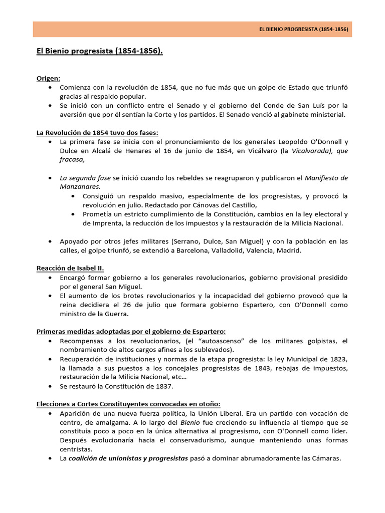 El Bienio Progresista (1854-56) .Esquema | PDF | España