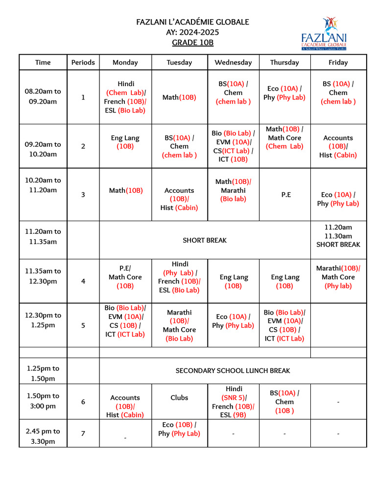 Time Table For Grade 10B | PDF