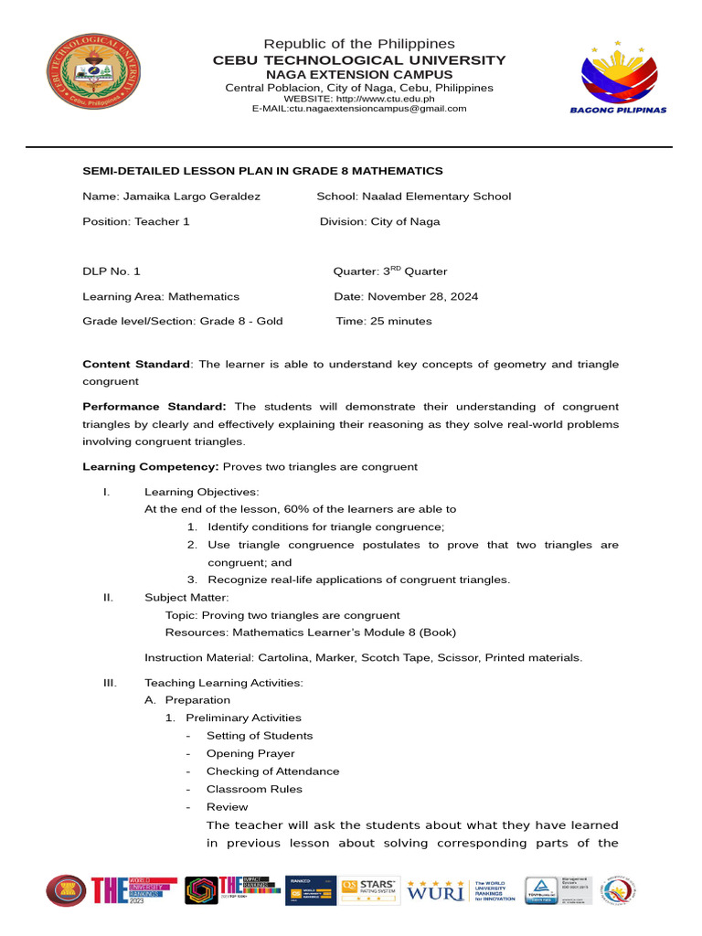 Grade 8 Math Lesson: Triangle Congruence | PDF | Learning | Education ...
