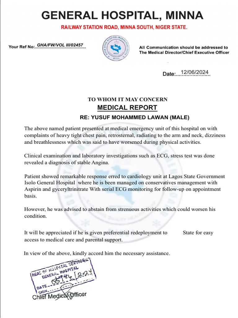 Medical Report for Yusuf Mohammed Lawan | PDF