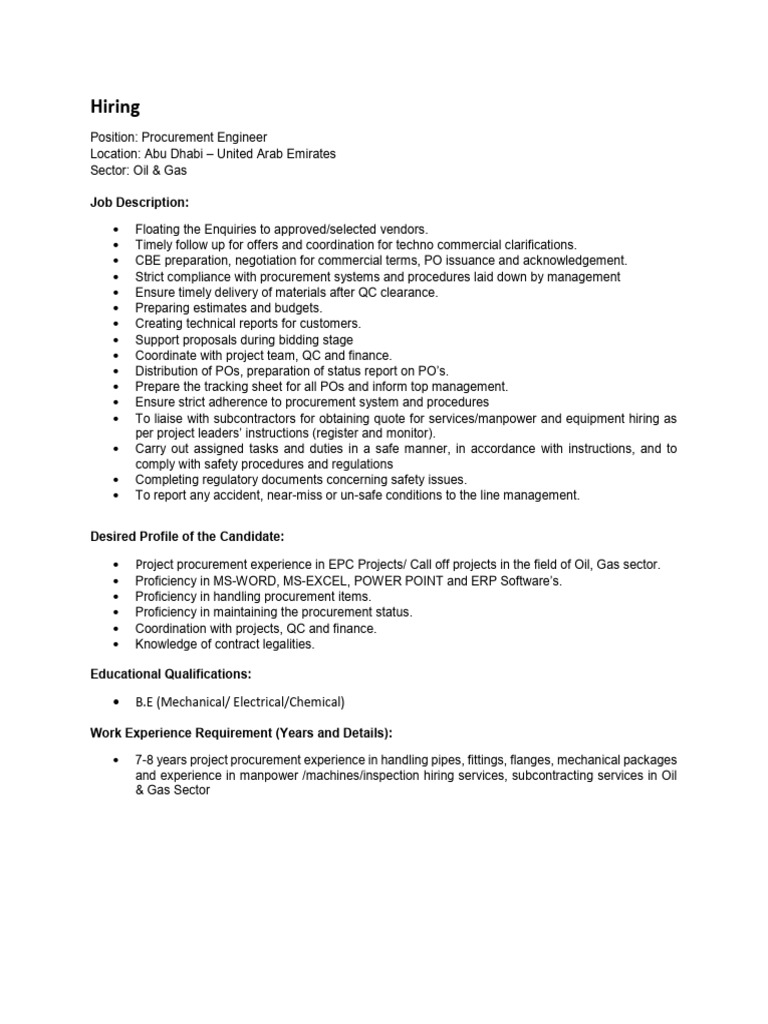 Procurement Engineer Job in Abu Dhabi | PDF | Business | Computers