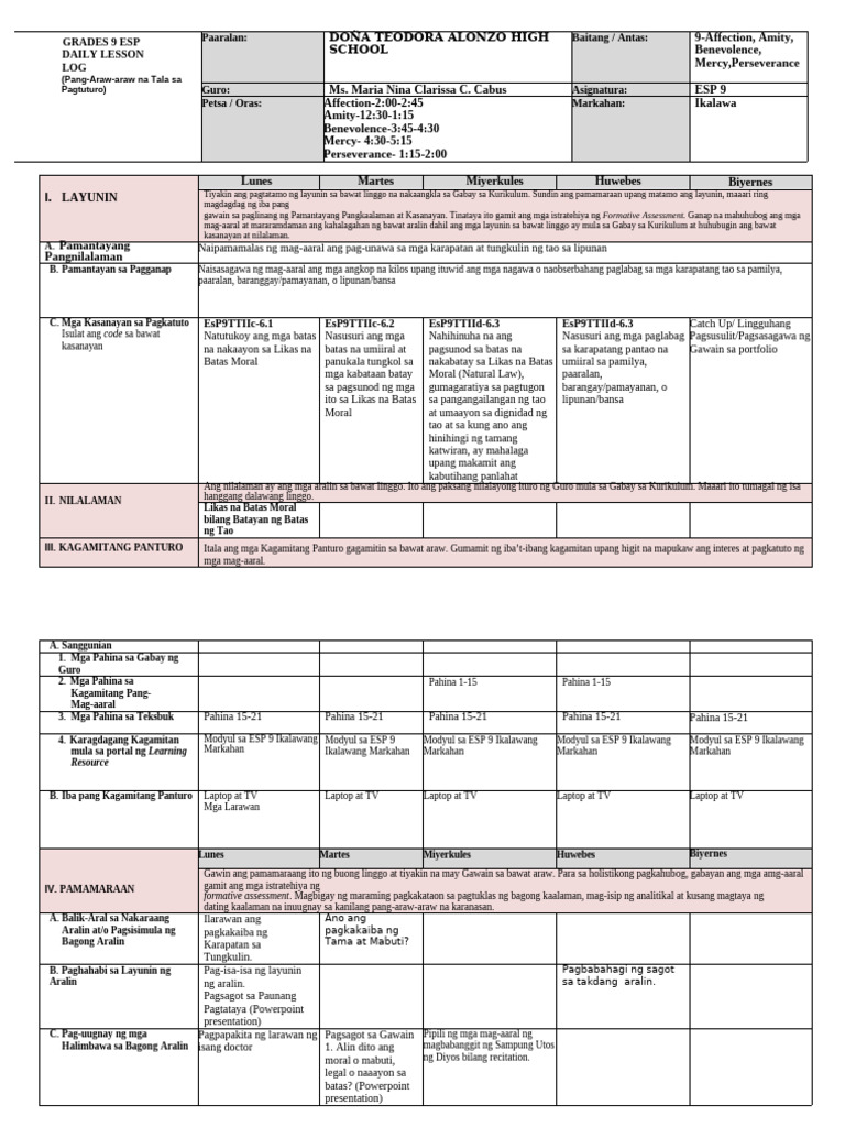 DLL - ESP9-w4-2ndQ (Reteach) | PDF