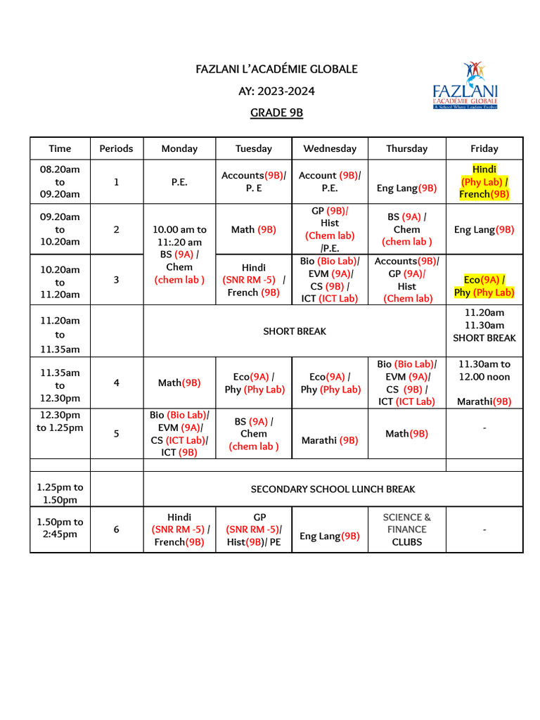 Time Table For Grade 9B | PDF
