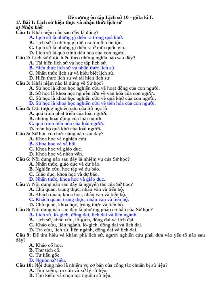 Đề cương ôn tập Sử 10 - gk1 - ans | PDF