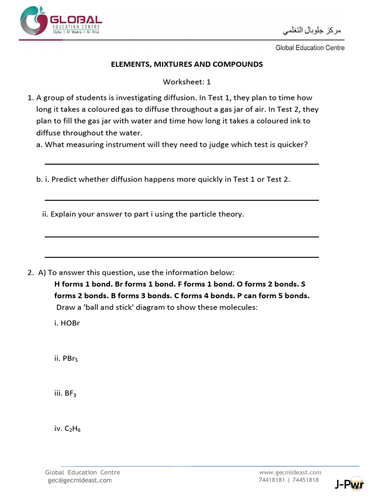 Elements, Mixtures and Compounds Worksheet 1 | PDF
