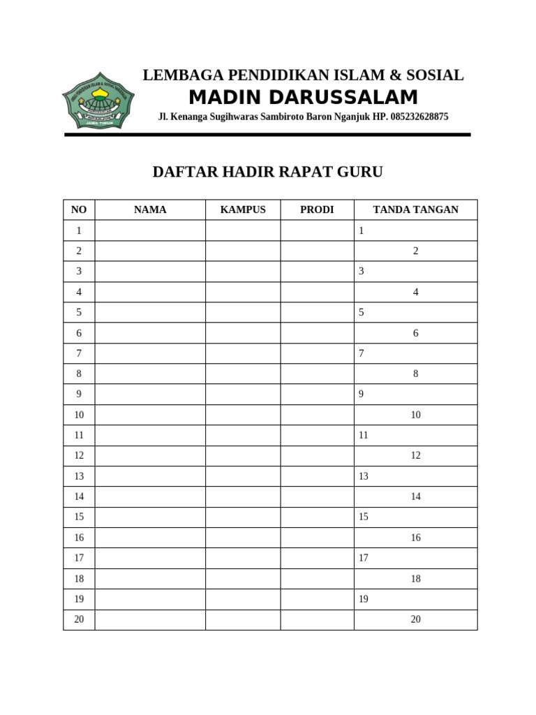 Daftar Hadir Rapat Guru Madin Darussalam | PDF