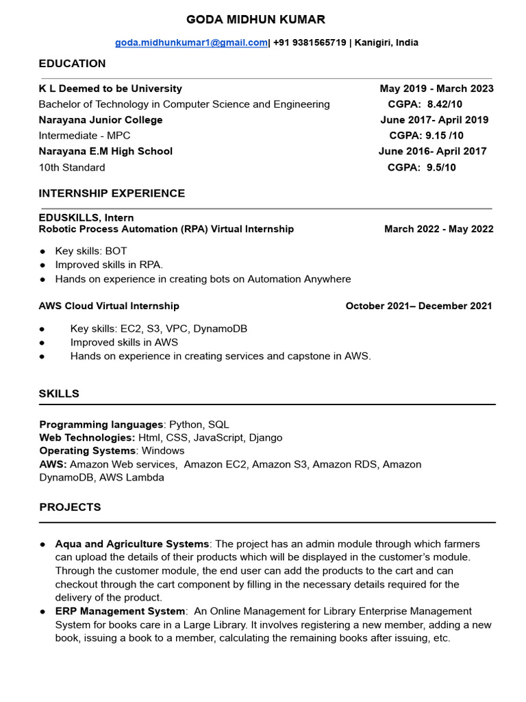 Goda Midhun Kumar Resume | PDF