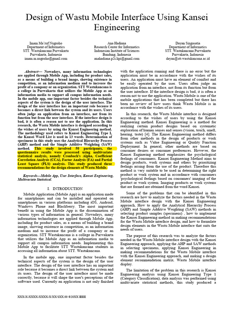 Design of Wastu Mobile Interface Using Kansei Engineering | PDF | Cronbach's Alpha | Mobile App