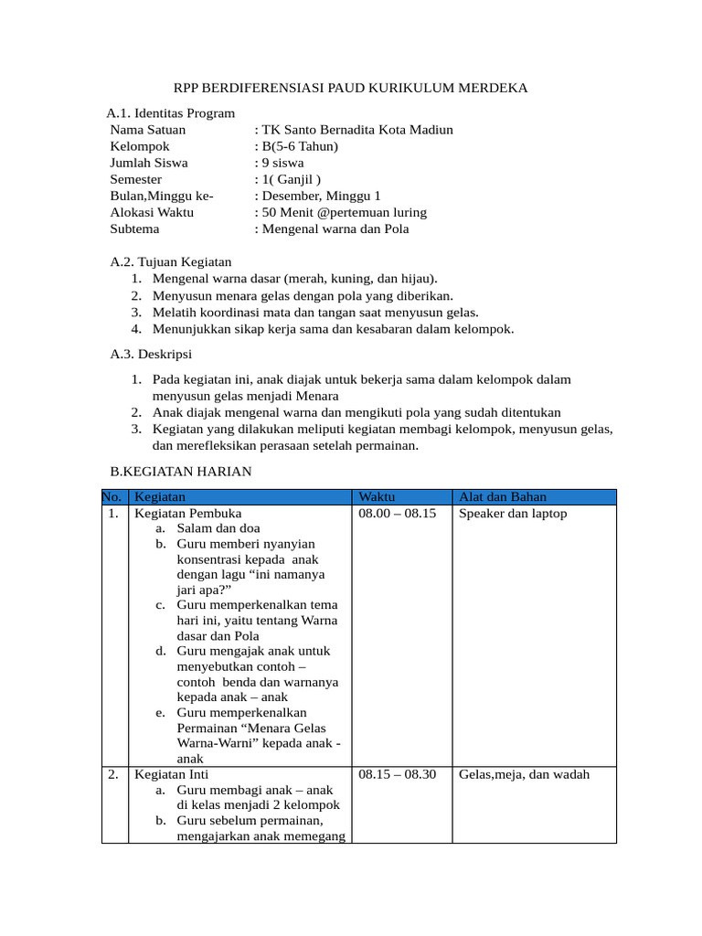 RPP Berdiferensiasi Paud Kurikulum Merdeka | PDF | Seni