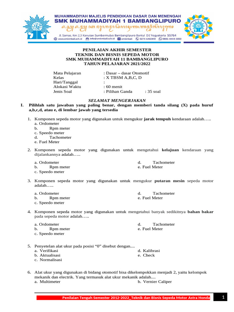 Soal PTS Kelas X TBSM 2021-2022 AgnitouTatwada, Dasar-Dasar Otomotif | PDF