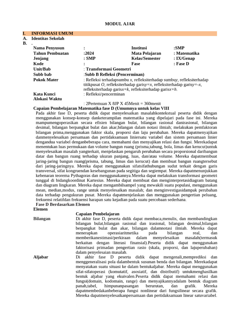 Modul Ajar Transformasi Geometri | PDF