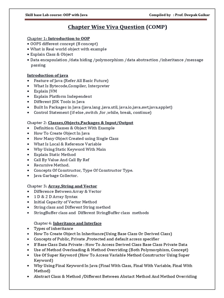 Viva Questions All Chapter OOP JAVA (2024) | PDF | Class (Computer ...