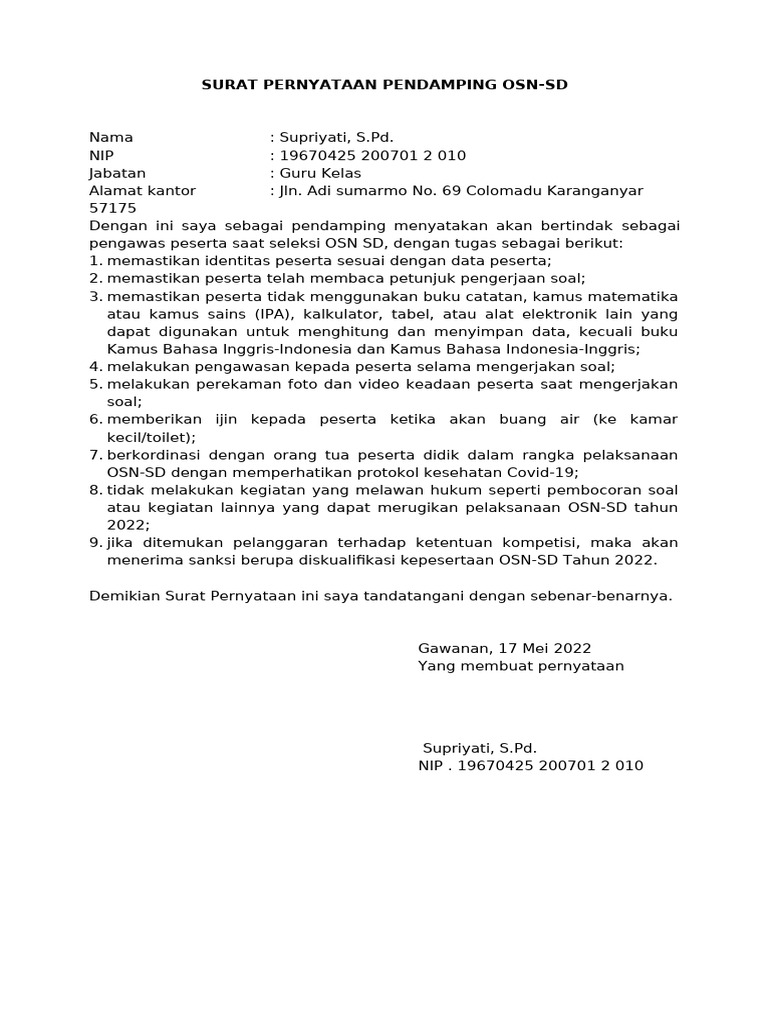 SURAT PERNYATAAN PENDAMPING OSN SD-1-1 | PDF