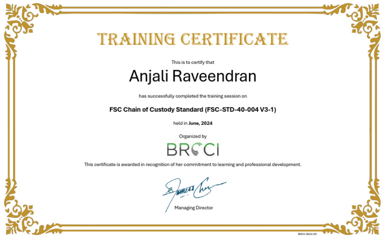 FSC Chain of Custody Training Certificate | PDF