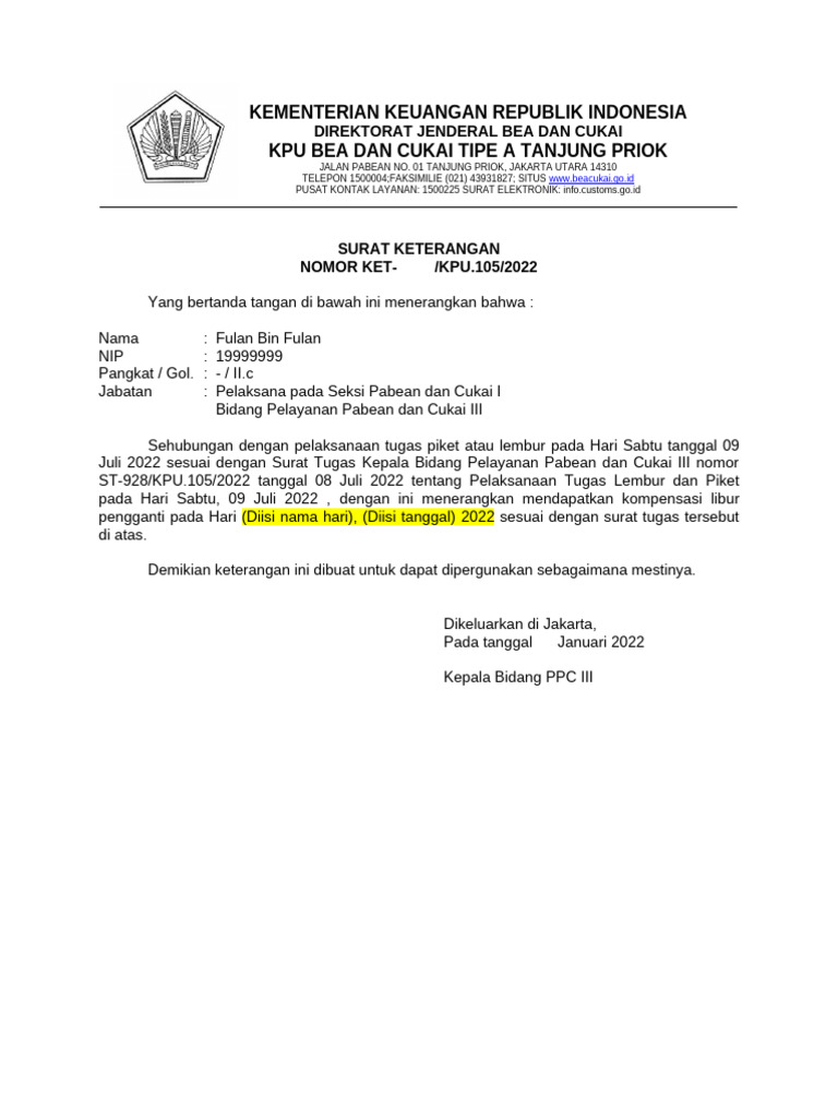 Contoh Surat Keterangan Kompensasi Libur Pengganti | PDF