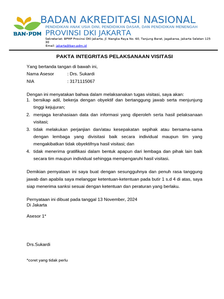 Pakta Integritas Pelaksanaan Visitasi (Asesor 1) | PDF | Kesehatan Holistik