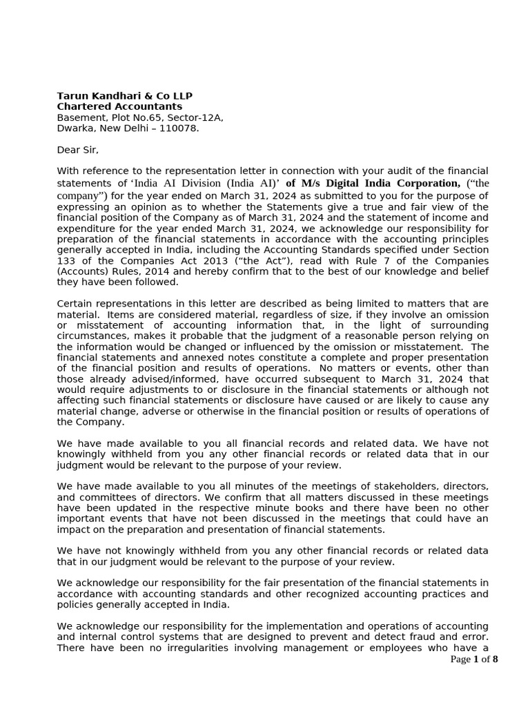 Management Representation Letter 2023-24 INDIA AI#Final | PDF | Audit ...