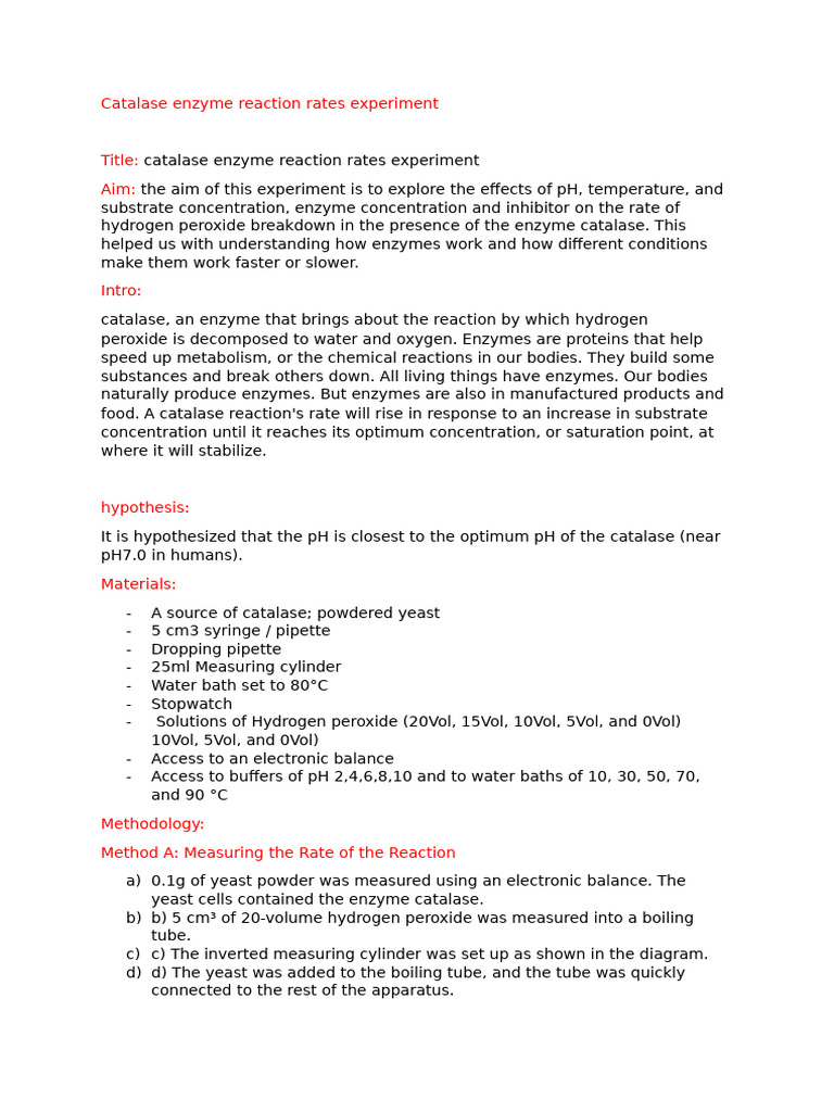 Catalase Enzyme Reaction Rates Experiment | PDF | Catalase | Enzyme