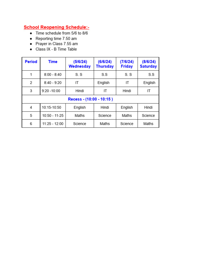 Extra Class Time Table | PDF