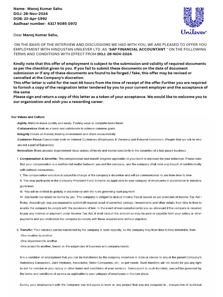 Job Offer for Manoj Kumar Sahu | PDF