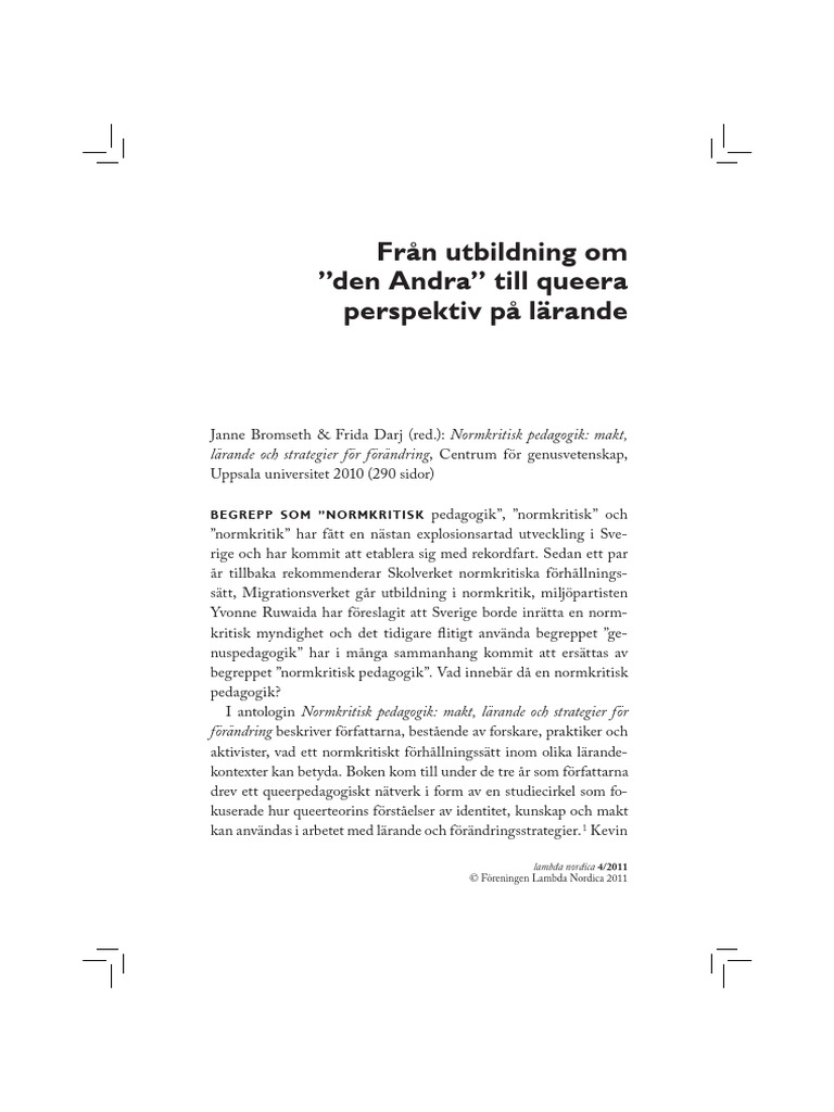Recension Normkritisk Pedagogik Makt Lärande Och Strategier För Förändring | PDF
