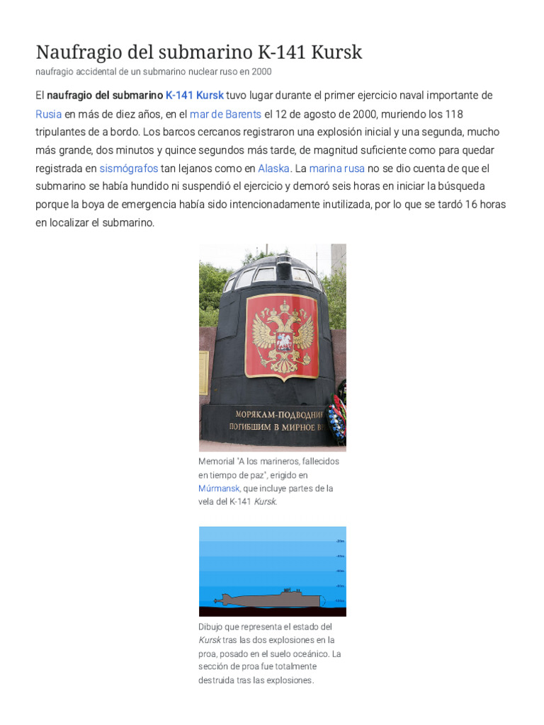 Naufragio Del Submarino K-141 Kursk - Wikipedia, La Enciclopedia Libre | PDF | Submarinos | Marinas