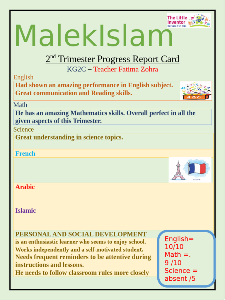 Malek Islam Report Card | PDF | Career & Growth | Language Arts & Discipline