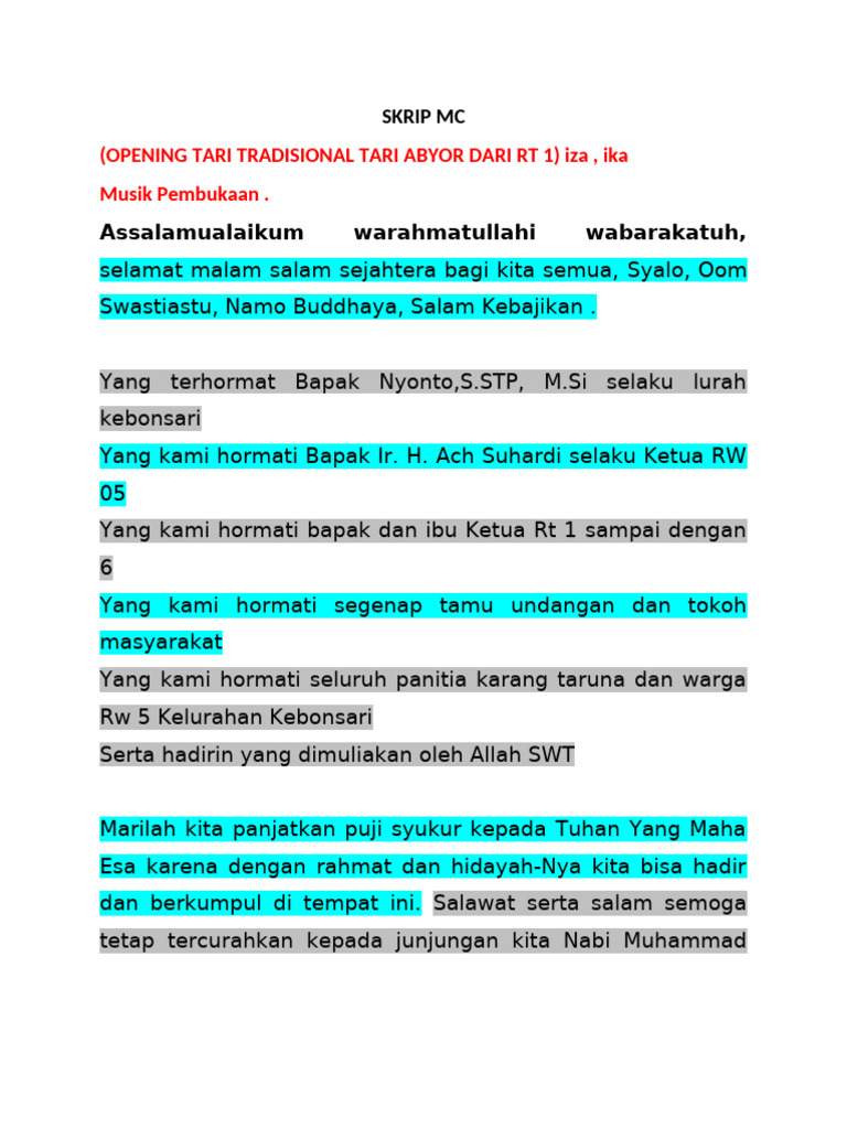 Skrip MC Hut 78 | PDF | Seni